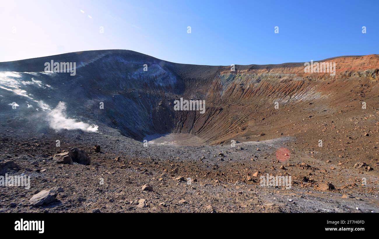 Crater, reddish-brown lava rock, smoke plume, Vulcano, Aeolian Islands ...