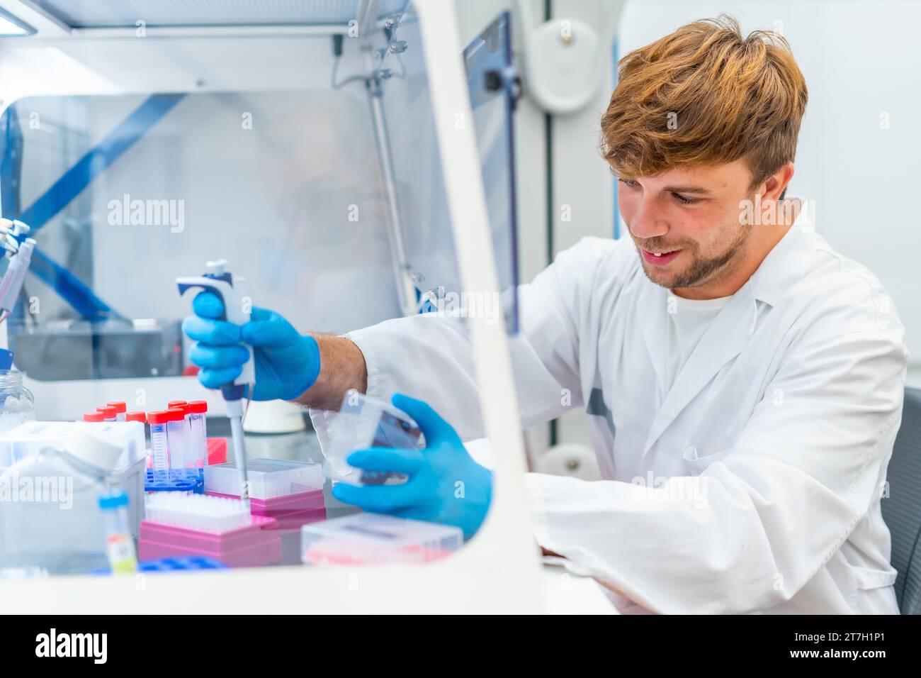 Side view of a young and happy scientist pipetting medical samples into ...