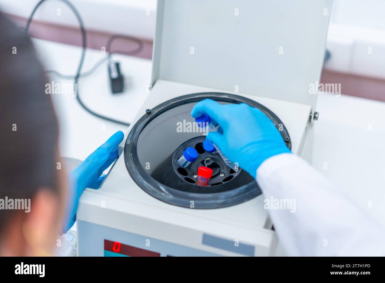 Top close-up view of a scientist introducing blood samples in a ...