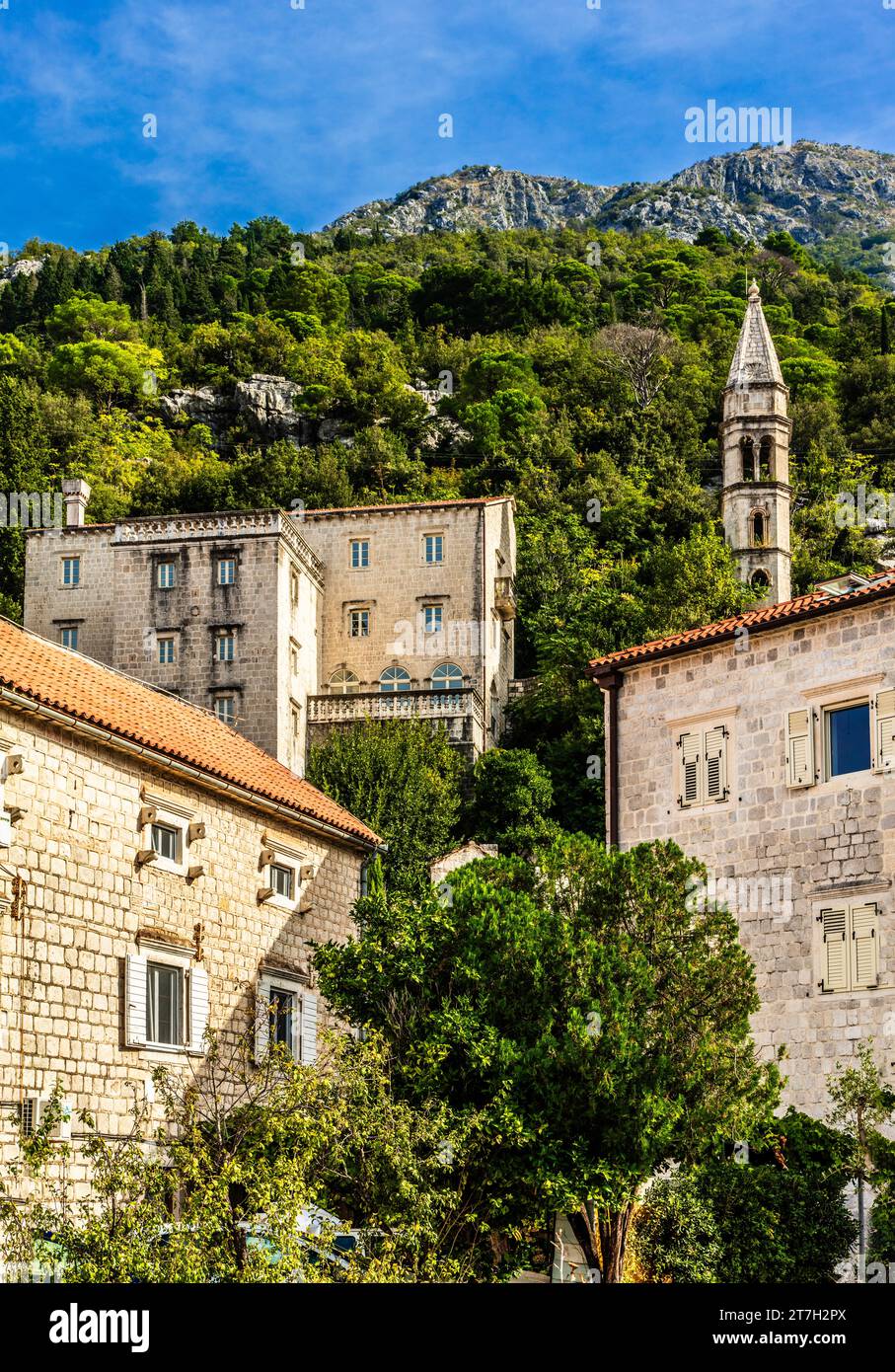 The former seafaring centre of Perast with its magnificent buildings ...