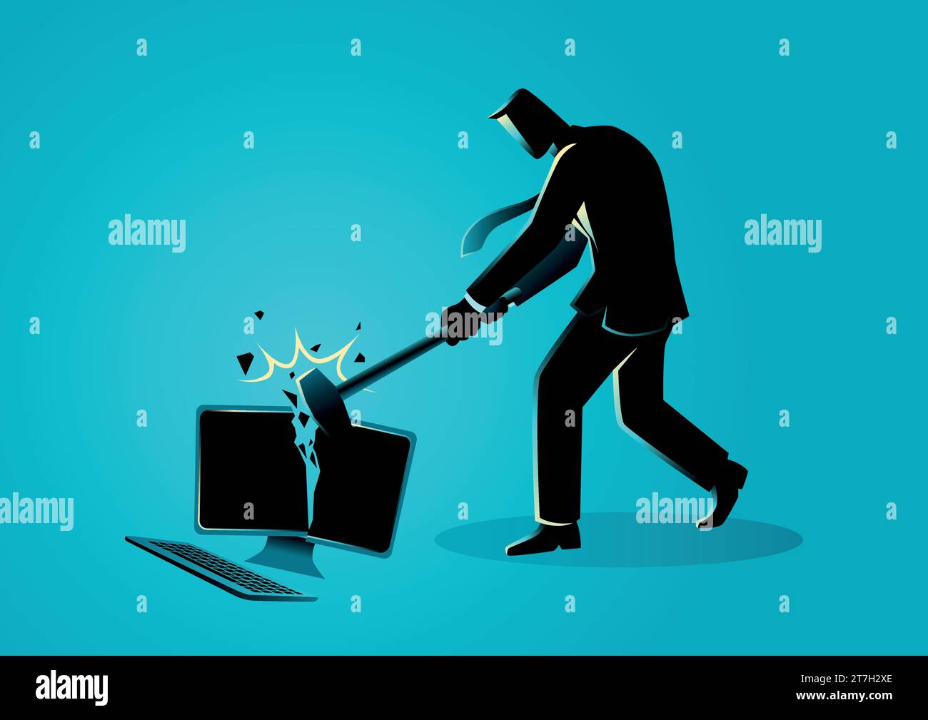Businessman destroying desktop computer with sledge hammer, vector ...