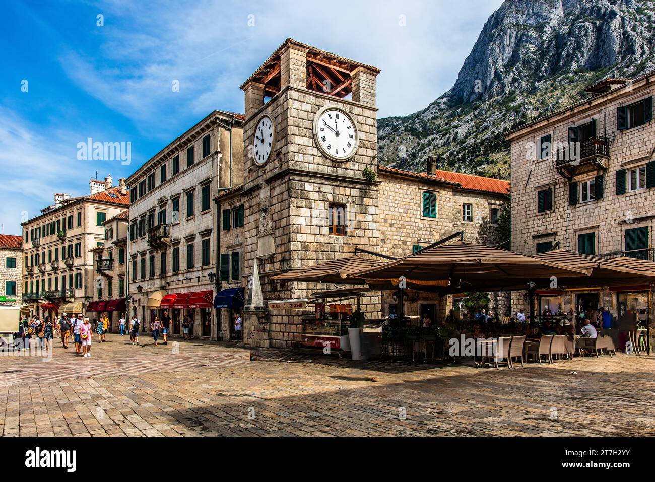 Arms Square (Trg od Oruzja), with clock tower, medieval town of Kotor ...