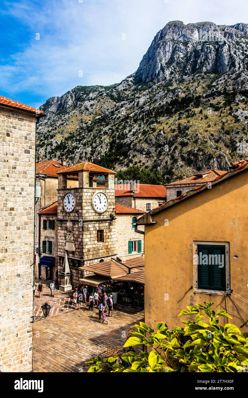 Arms Square (Trg od Oruzja), with clock tower, medieval town of Kotor ...