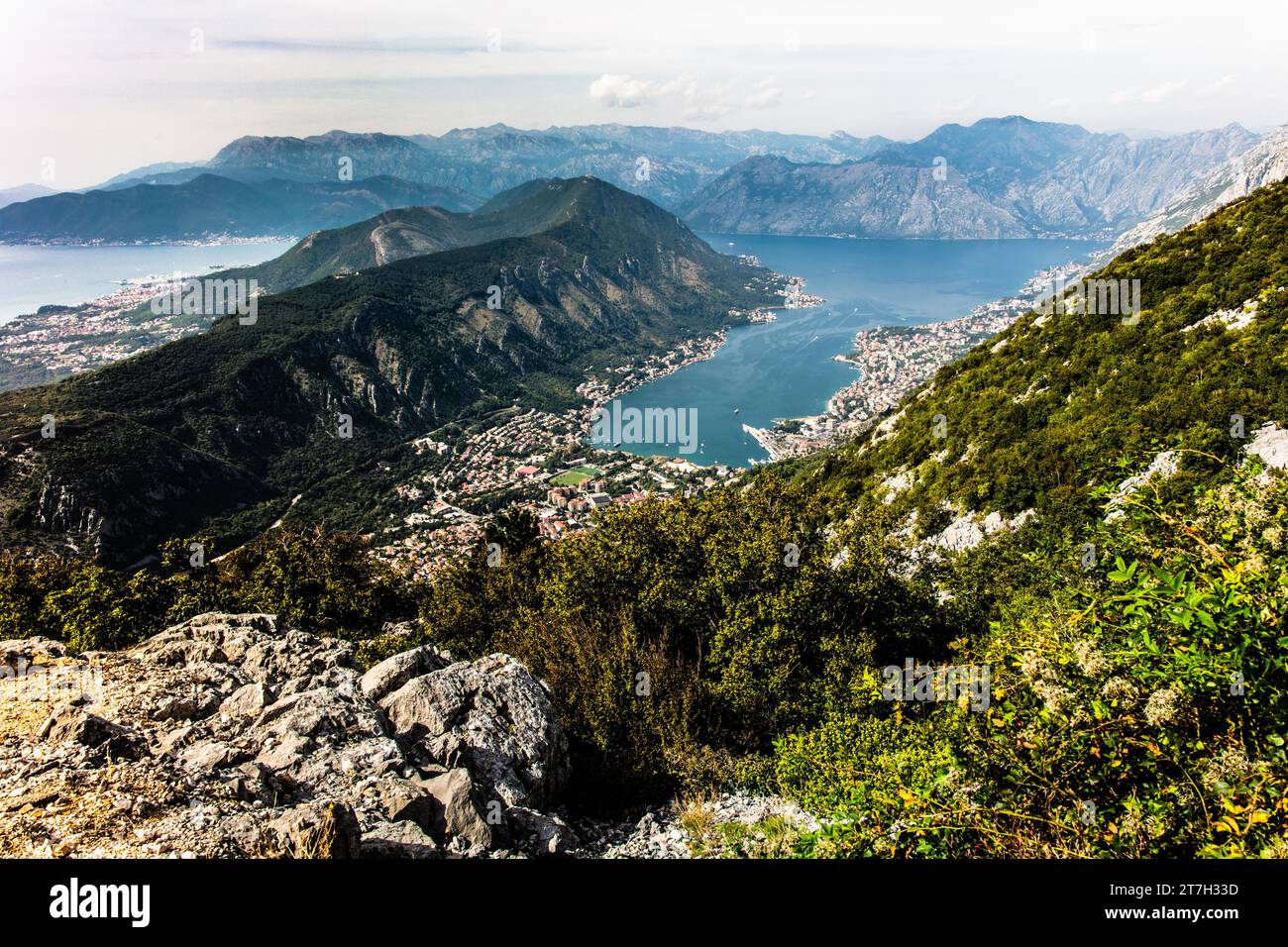 View of the Bay of Kotor, medieval town of Kotor with winding alleyways ...
