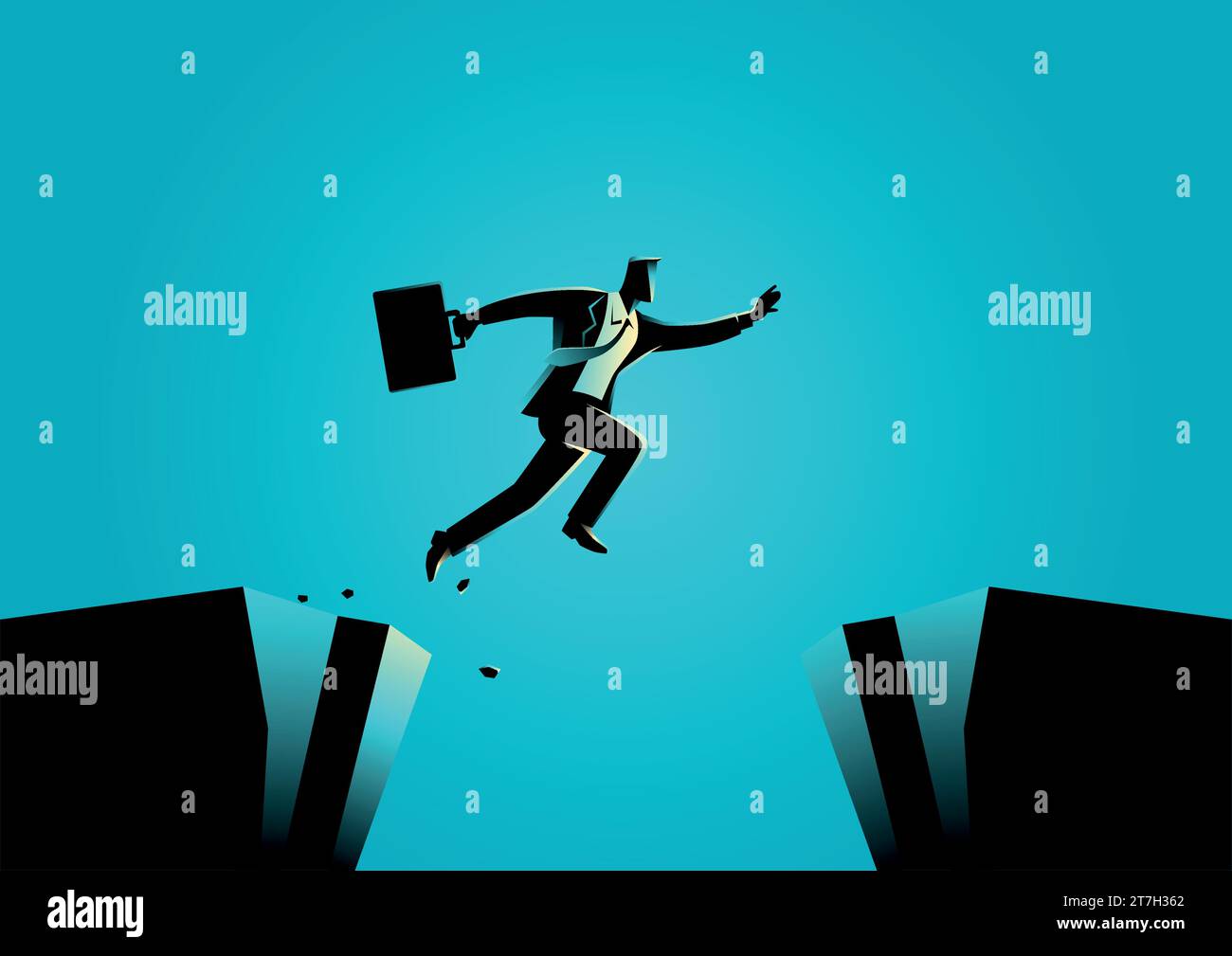Silhouette illustration of a businessman jumps over the ravine ...