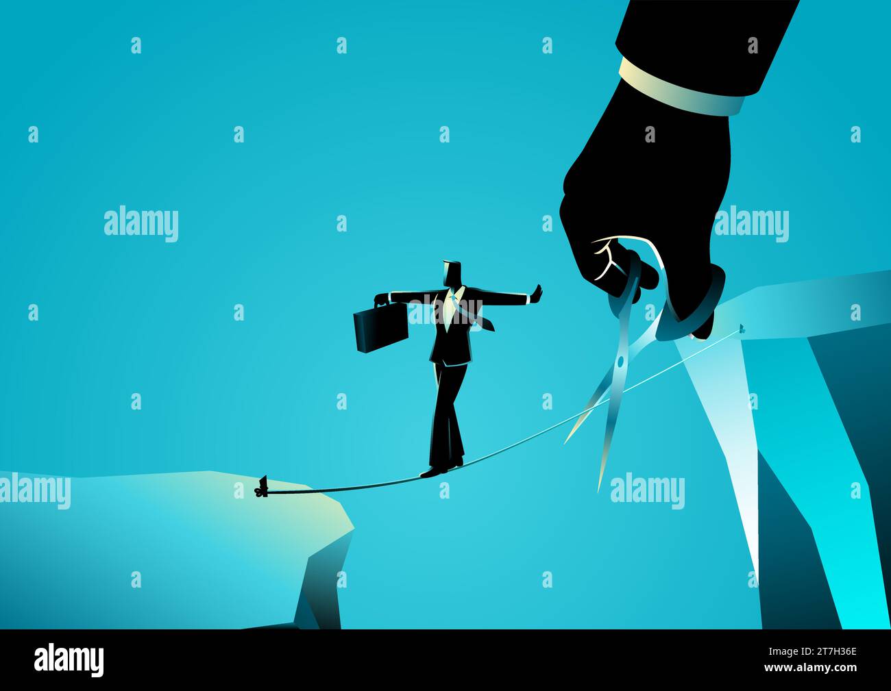 Business concept illustration of a businessman walking on rope over a ...