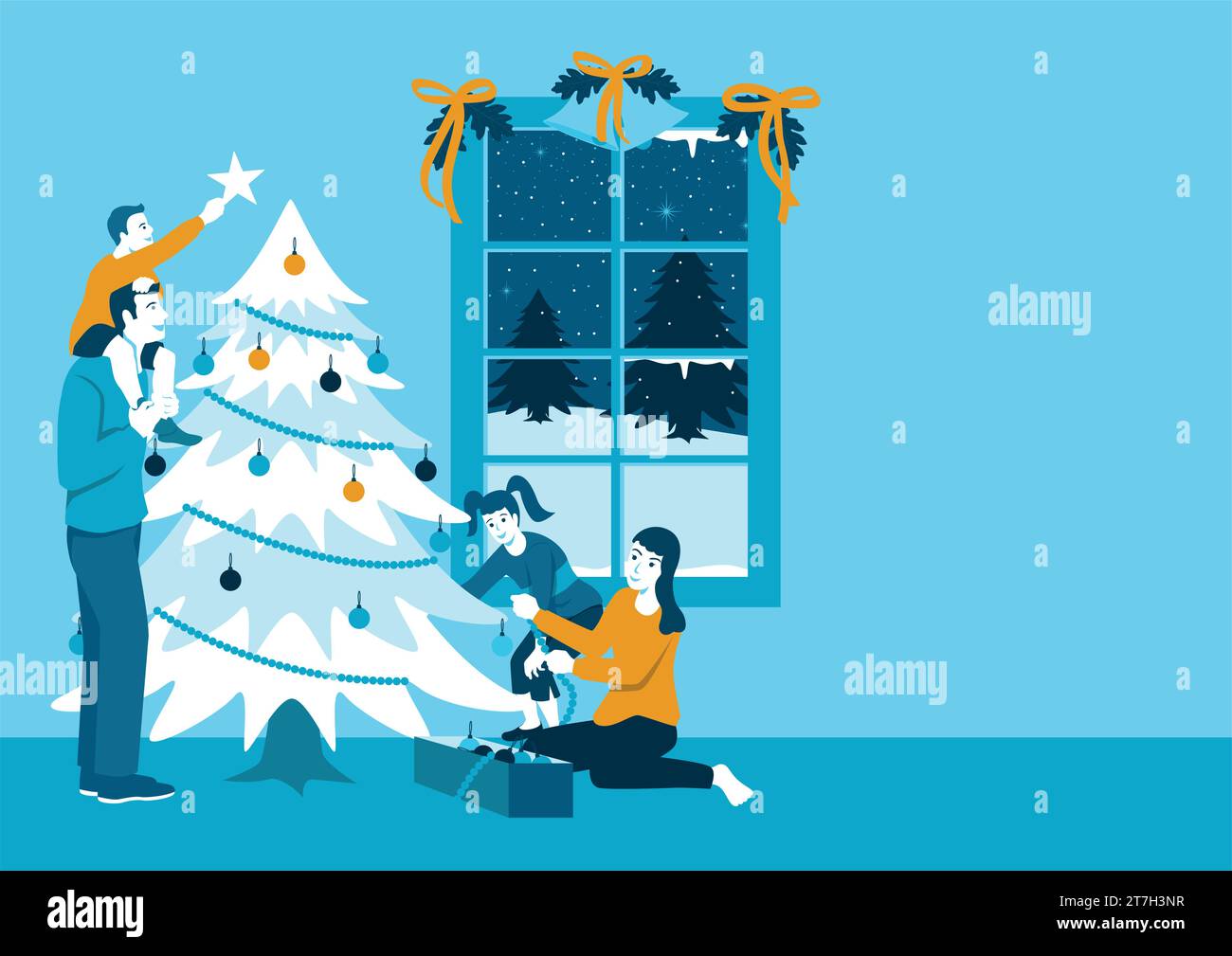 Simple flat vector illustration of happy family decorating Christmas ...