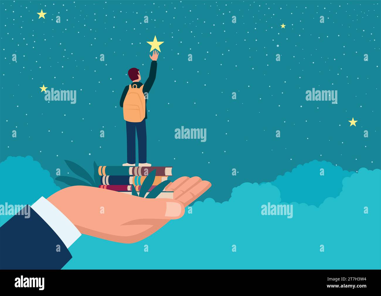 Simple flat vector illustration of a man hand lifting up a school boy ...