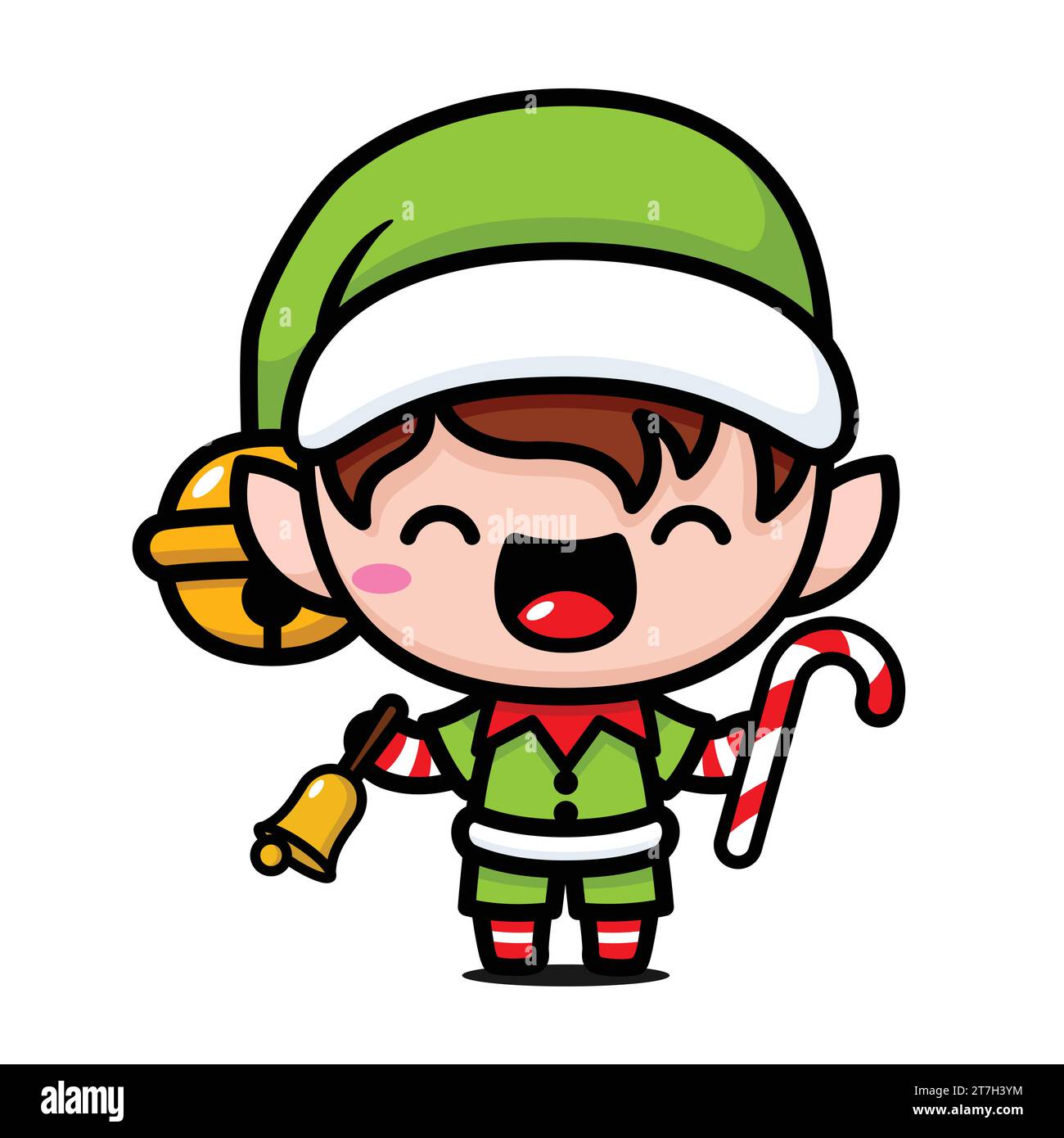 Cute And Kawaii Christmas Elf With Bell And Candy Cane Stock Vector ...