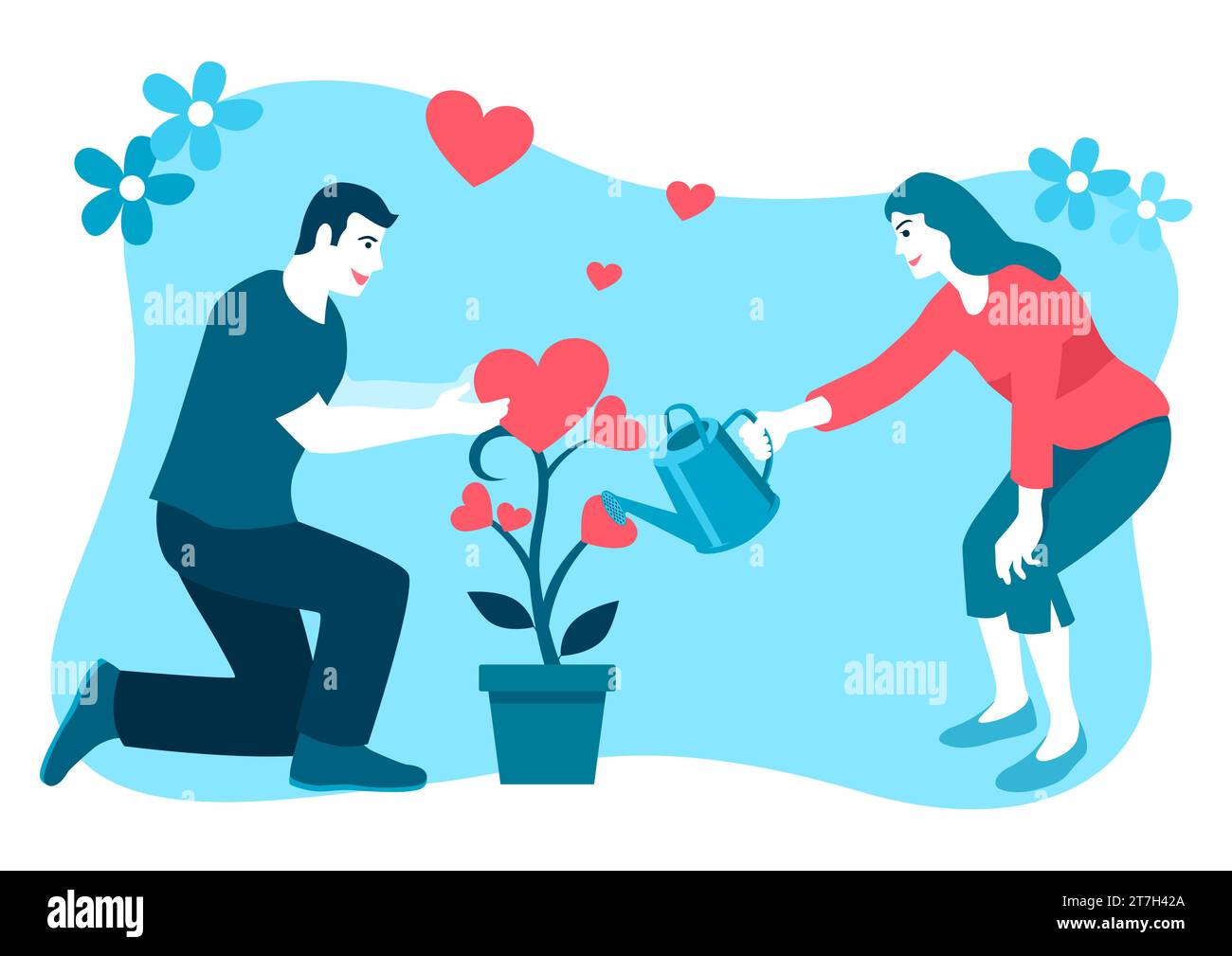 Simple flat cartoon illustration of couple watering love plant Stock ...
