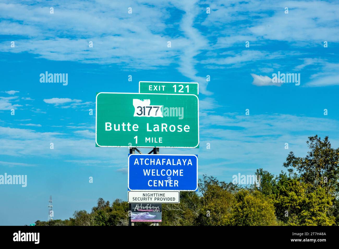 sign Atchafalaya welcome center in one mile at the highway with ...