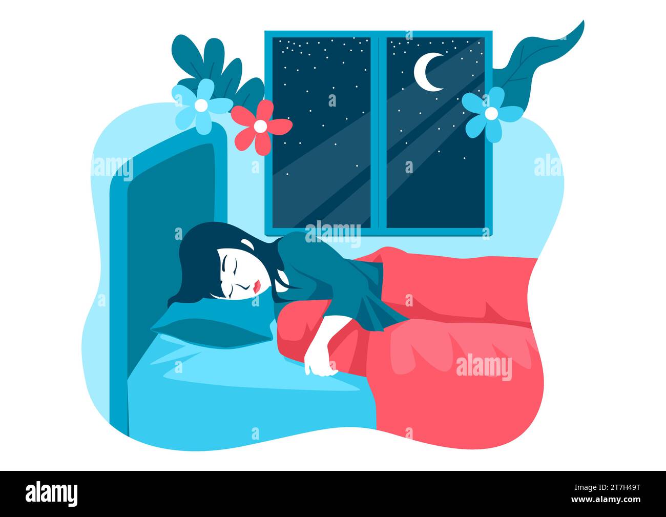 Simple flat vector illustration of a woman sleeping in her bed Stock ...