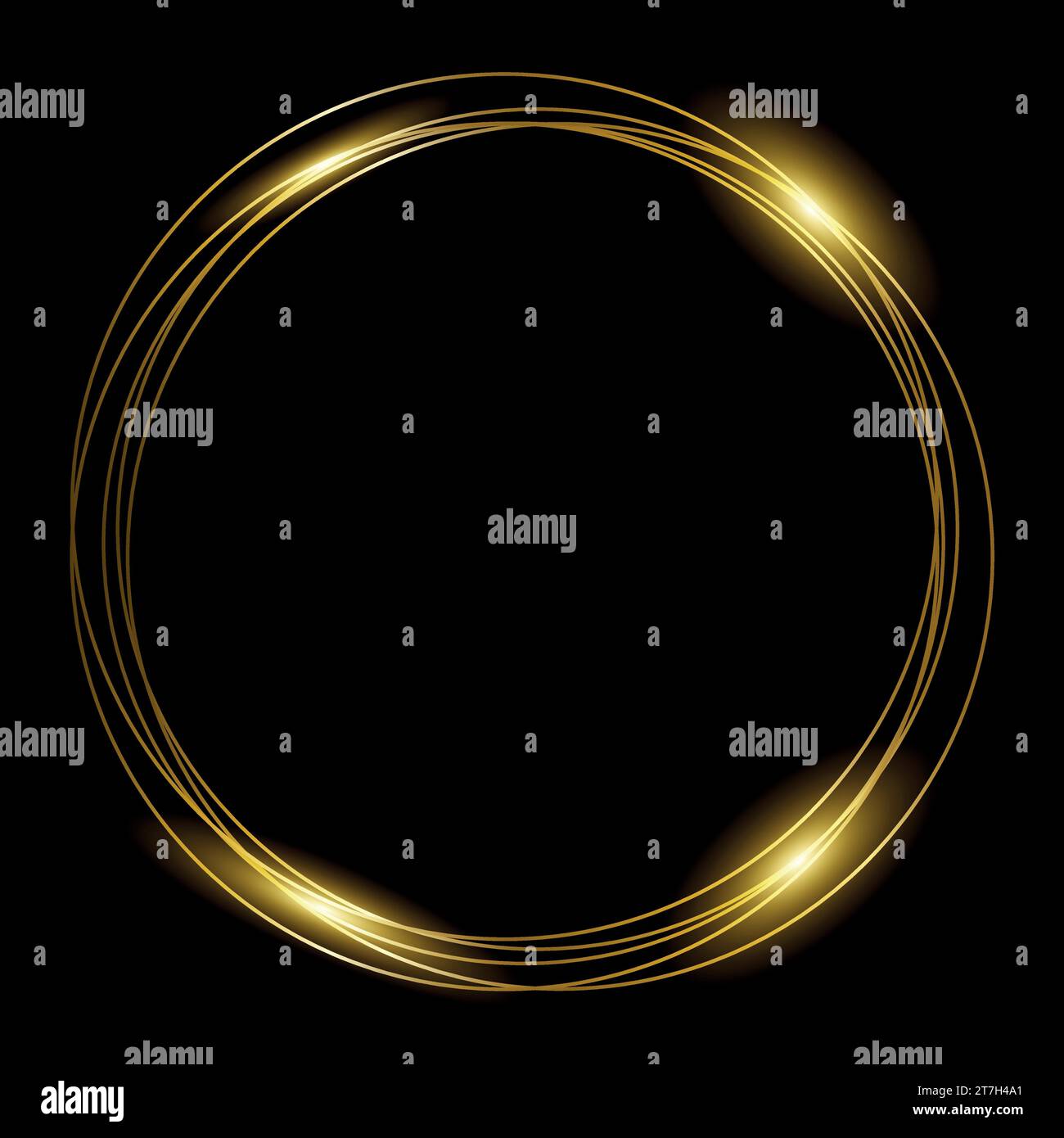 Round gold frame of golden rings on black background. Template design for festive frame ...