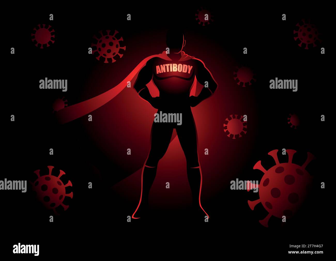 Vector cartoon illustration of a superhero as antibody against viruses ...