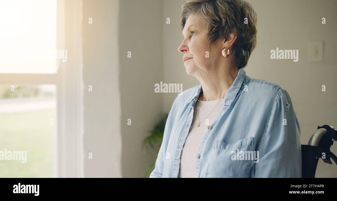 Wheelchair, elderly woman or thinking of memory by window in nursing home or retirement with ...