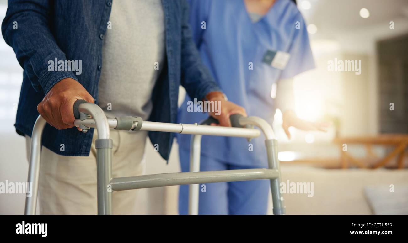 Senior man, person with disability and walking frame for support, nurse ...