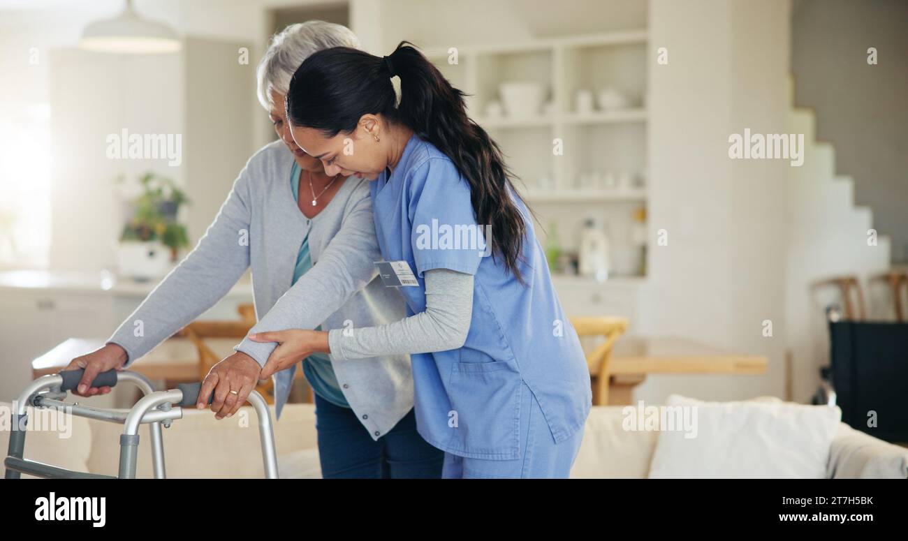 Senior woman, person with disability and walking frame for support ... Senior woman, person with disability and walking frame for support ...