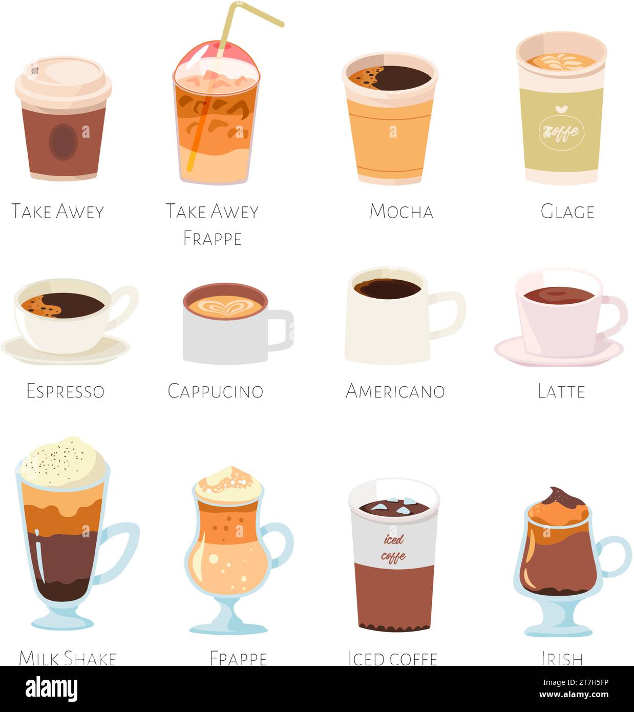 Various caffeine drinks, beverages for cafe menu Stock Vector Image ...