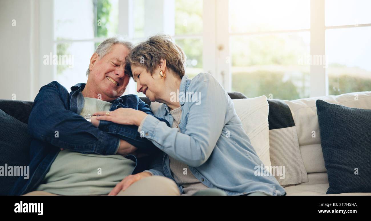 Love, home and mature couple laughing at funny conversation, retirement ...