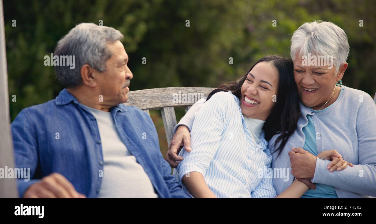 Senior, parents and woman in garden with hug, support and love in ...