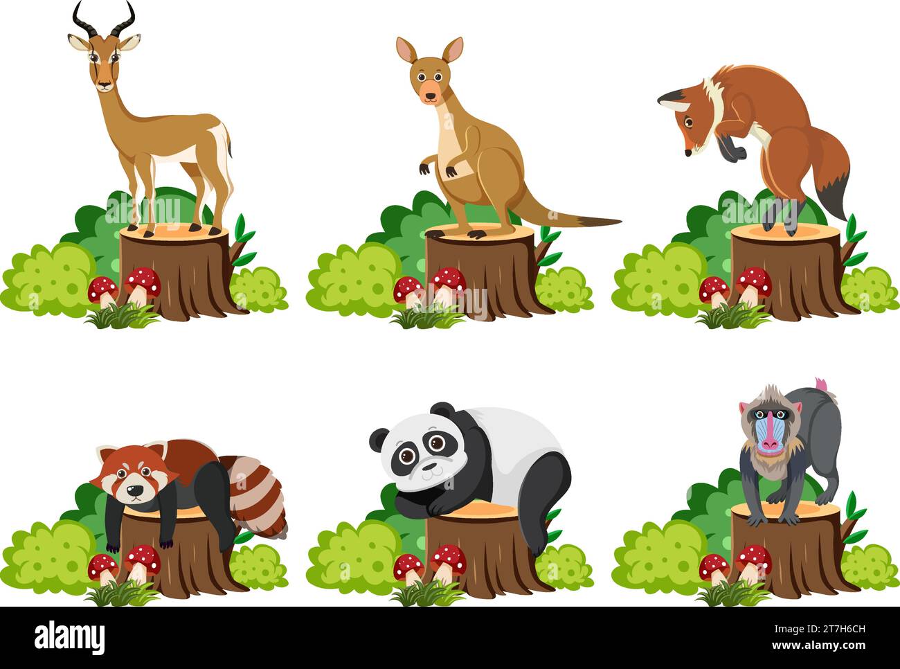 Vector cartoon illustration of animals sitting on tree stump surrounded ...