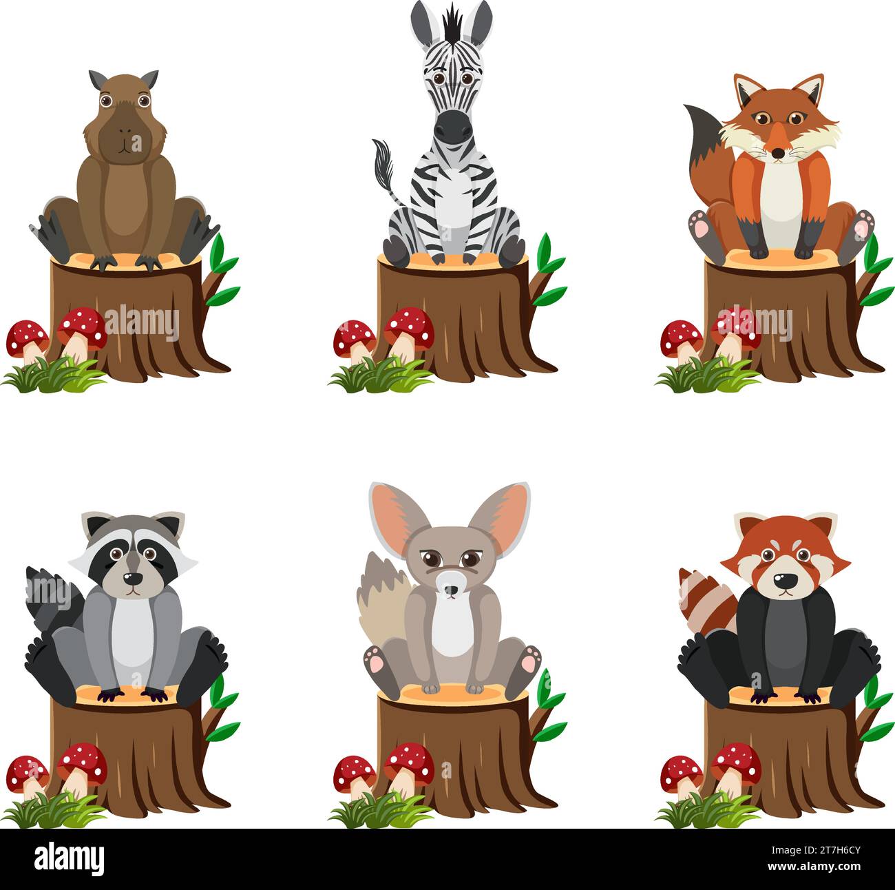 Vector cartoon illustration of various wild animals sitting on a tree ...
