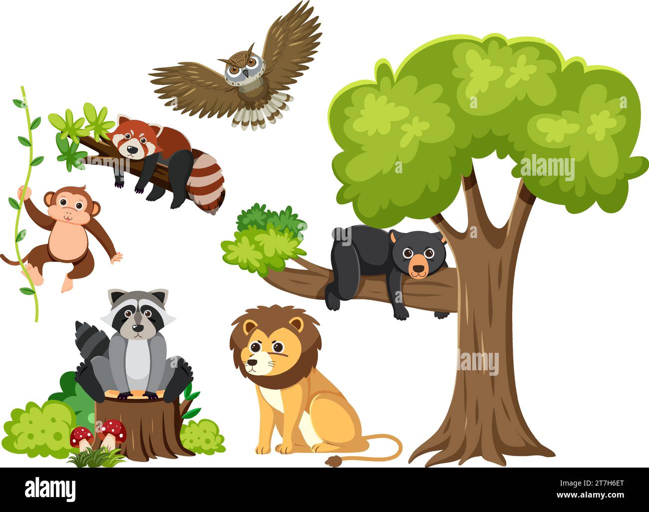Vector cartoon illustration of various wild animals surrounded by a ...