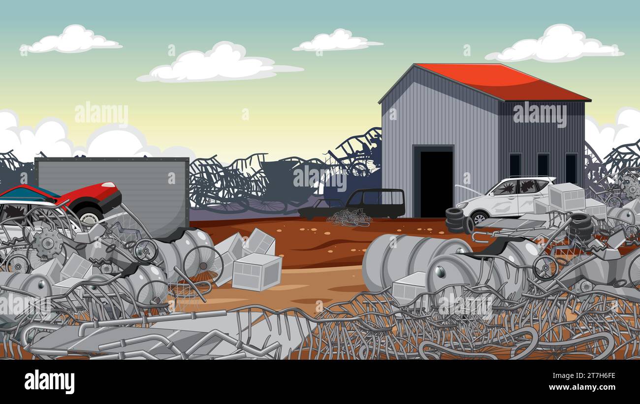 Colorful cartoon illustration of a lively outdoor scrapyard Stock ...