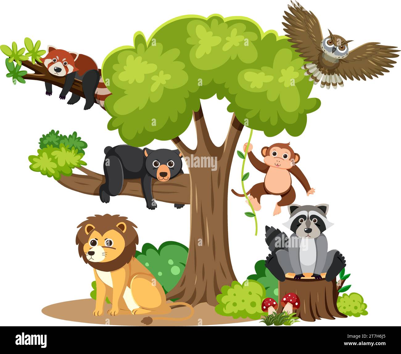 Cartoon illustration of diverse wild animals happily living together ...