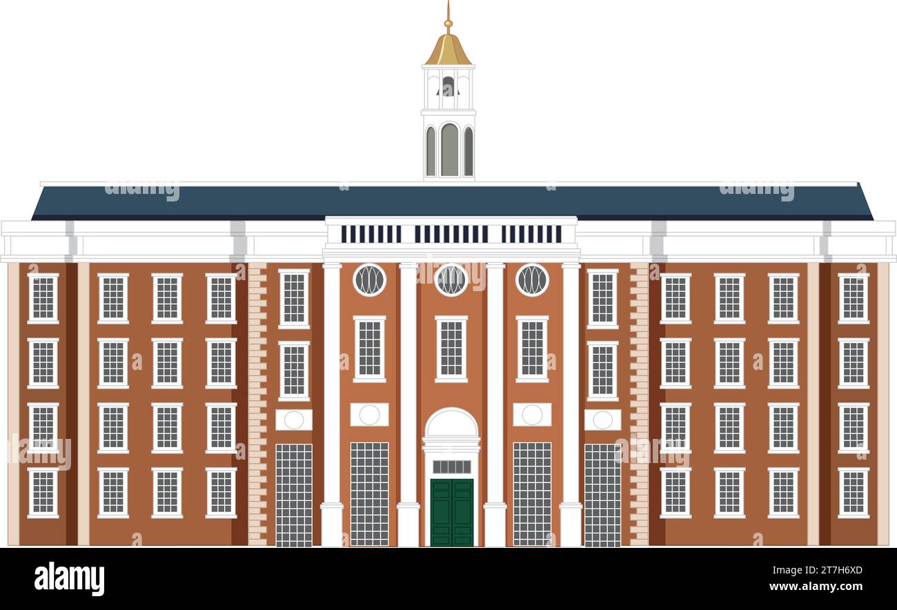 A vibrant vector cartoon illustration of Harvard Hall and other ...