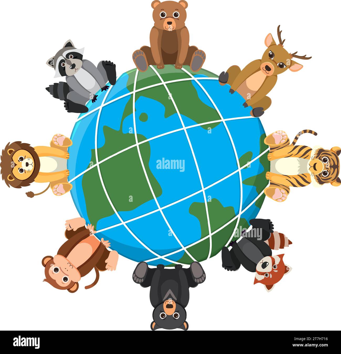 Vector cartoon illustration of various wild animals sitting on a globe ...