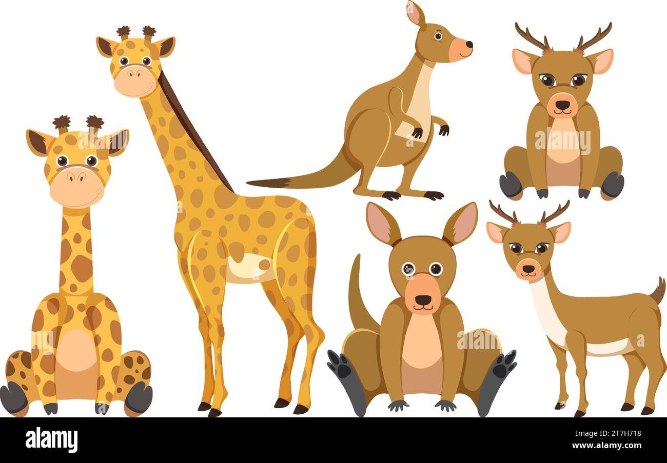 Vector cartoon illustration featuring a giraffe, kangaroo, and deer in ...