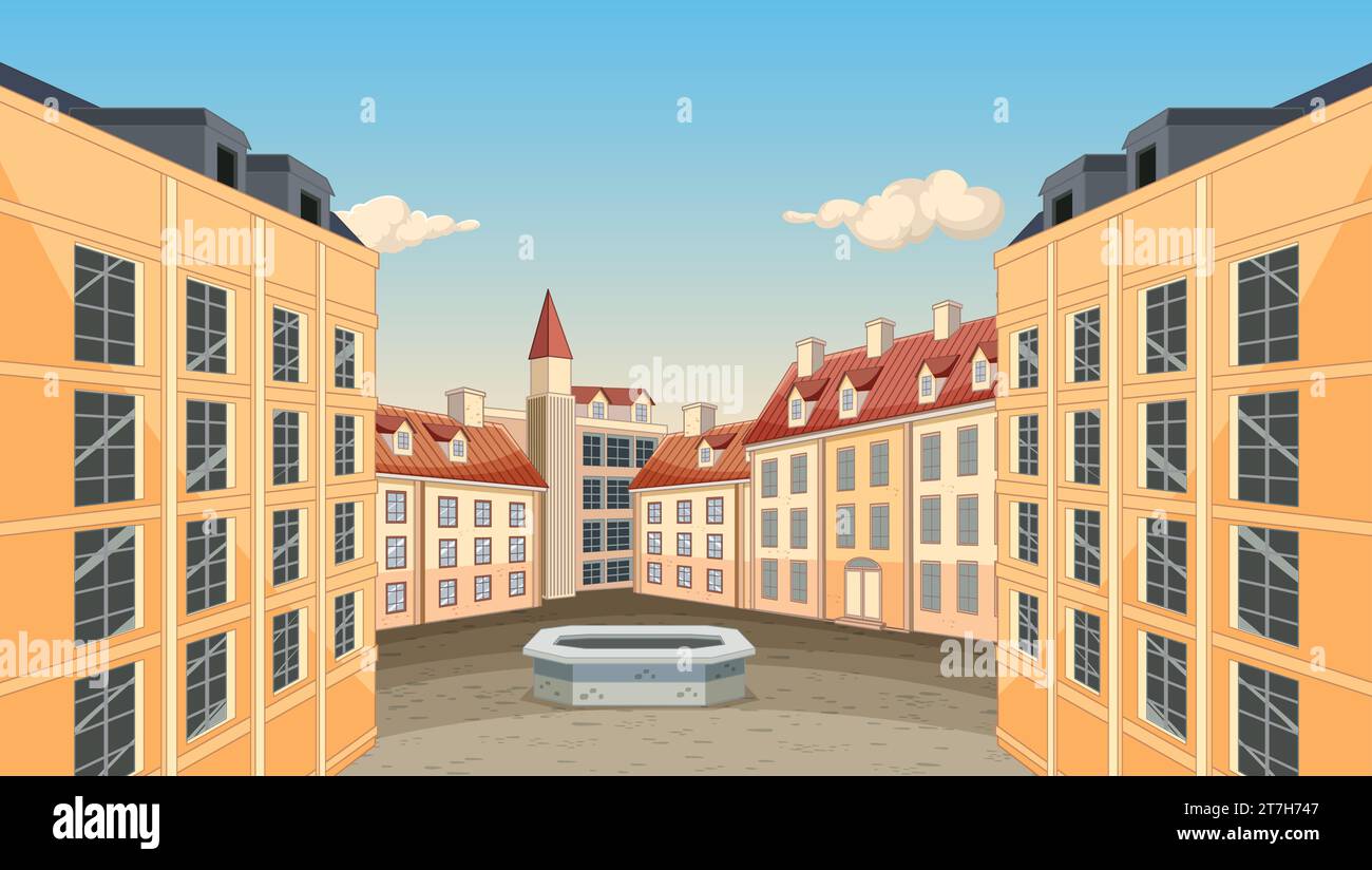 A vibrant cartoon illustration of a European city square with ...