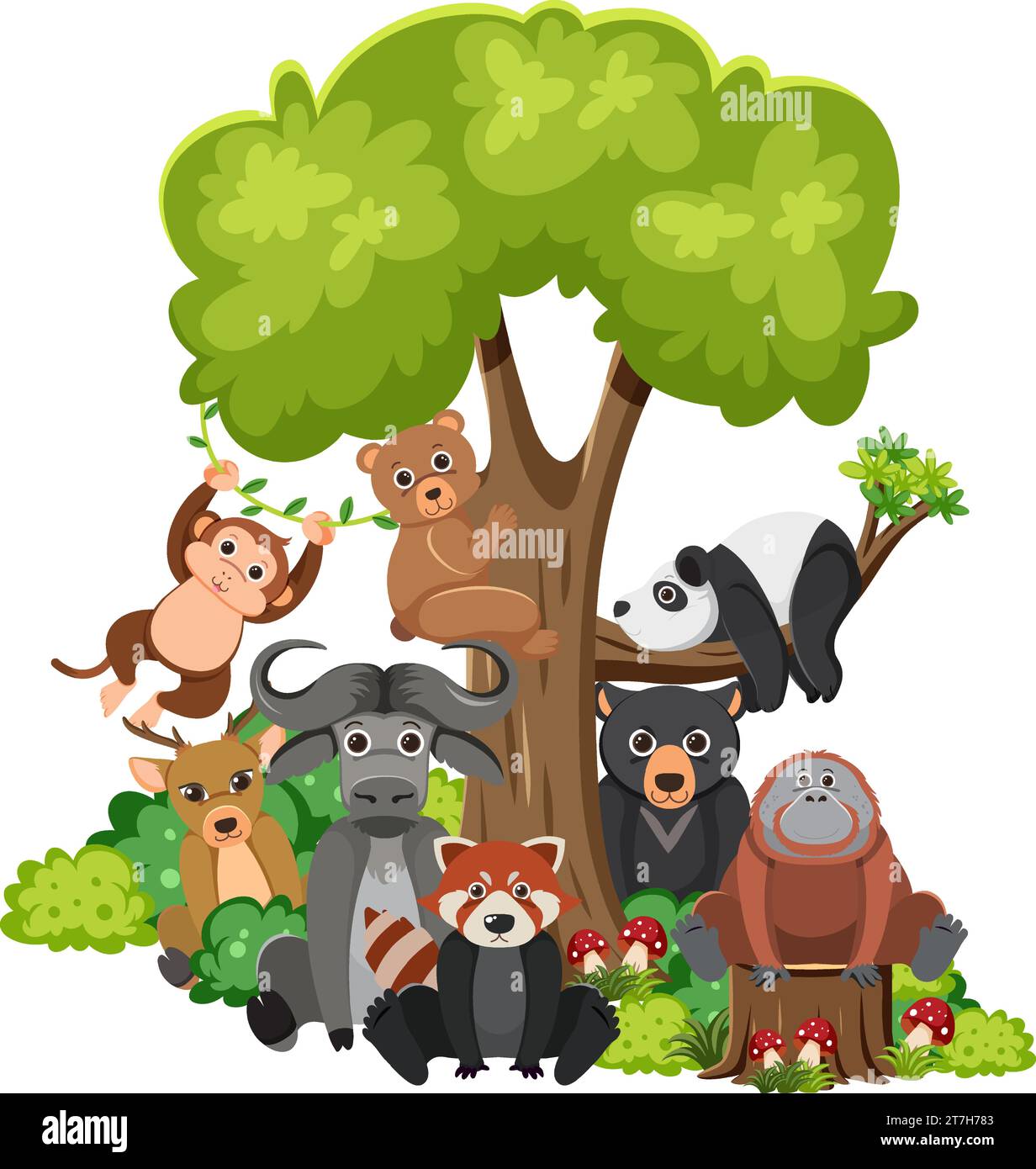 Various wild animals coexisting harmoniously beneath a tree Stock ...