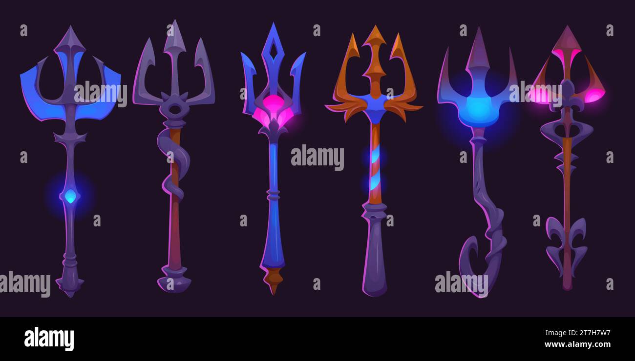 Magic trident staffs set isolated on black background. Vector cartoon ...