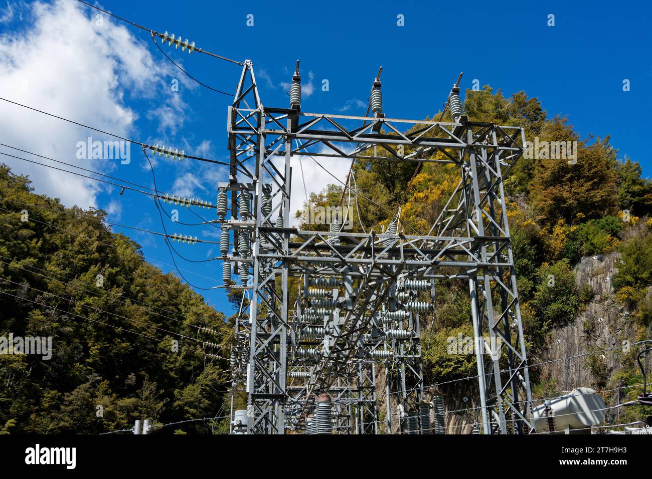 Pylons and power lines at the Cobb Power Station, Hydroelectric power ...