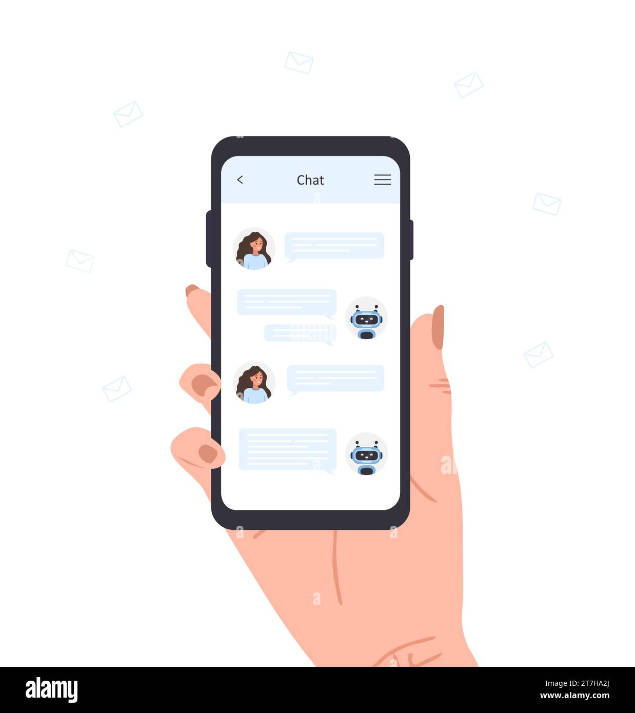 Chatbot concept. Woman chatting with robot on smartphone screen. AI ...