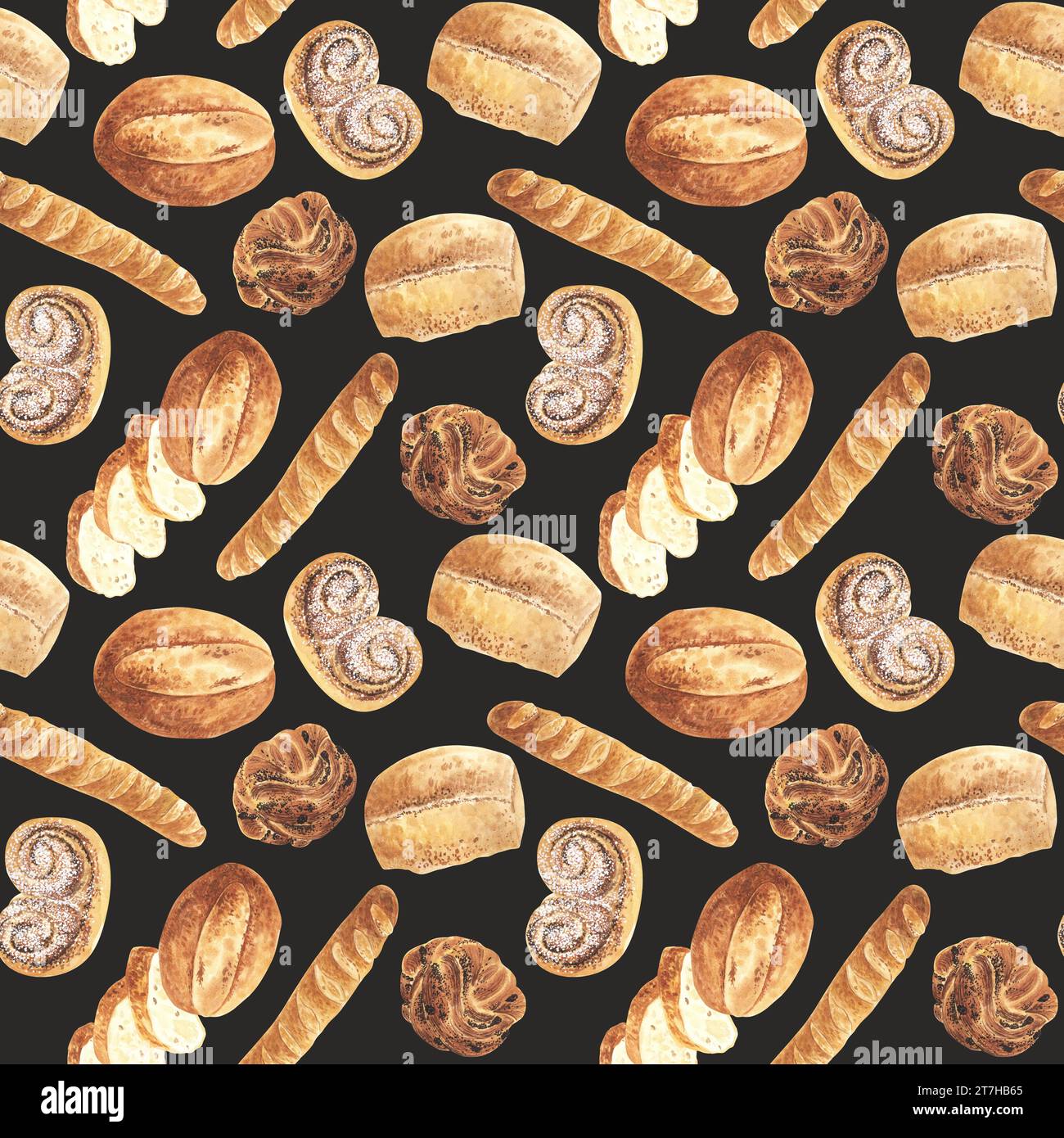 Watercolor Bread and buns, baguette loaf, seamless pattern on black ...