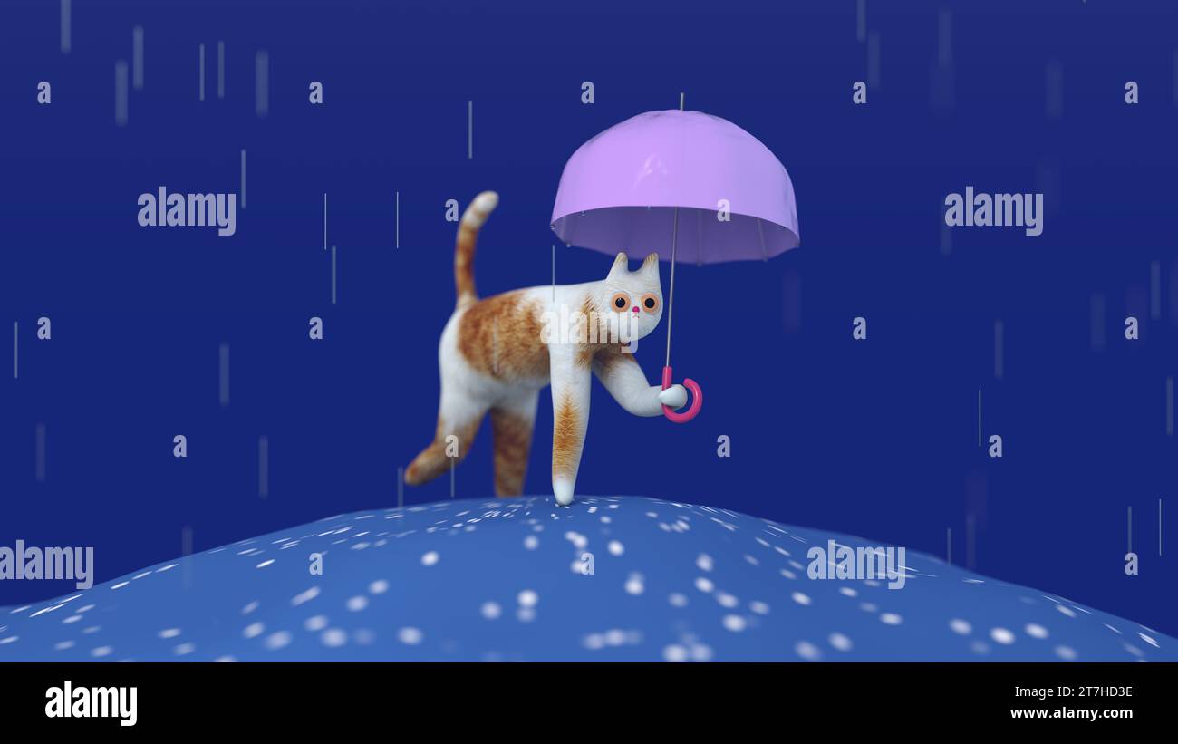Sad cat with umbrella in pouring rain. 3d render, 3d illustration Stock ...