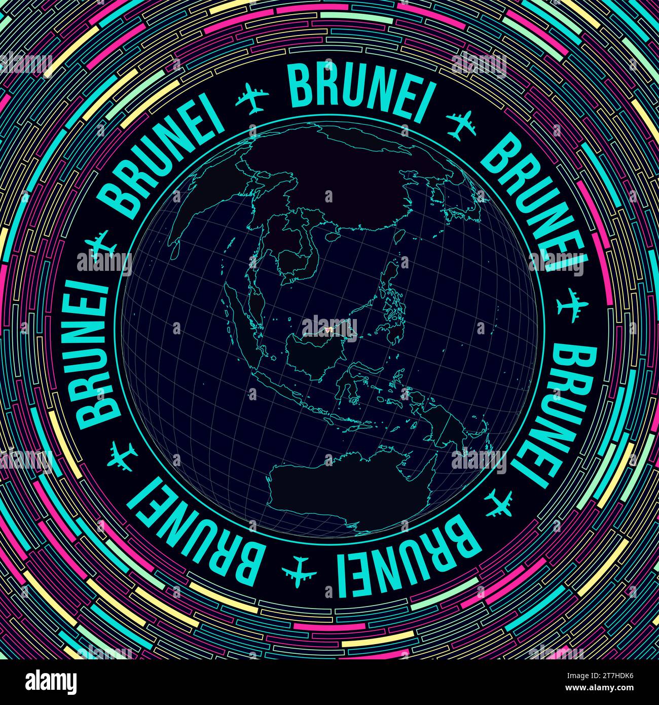 Brunei on globe. Satellite view of the world centered to Brunei. Bright ...
