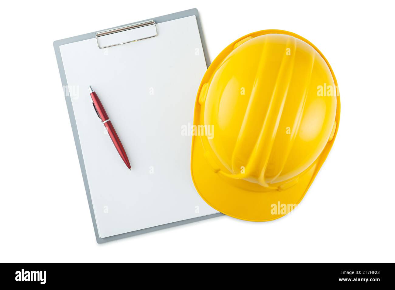 Yellow construction Helmet And Ballpoint Pen On Clipboard With Blank ...