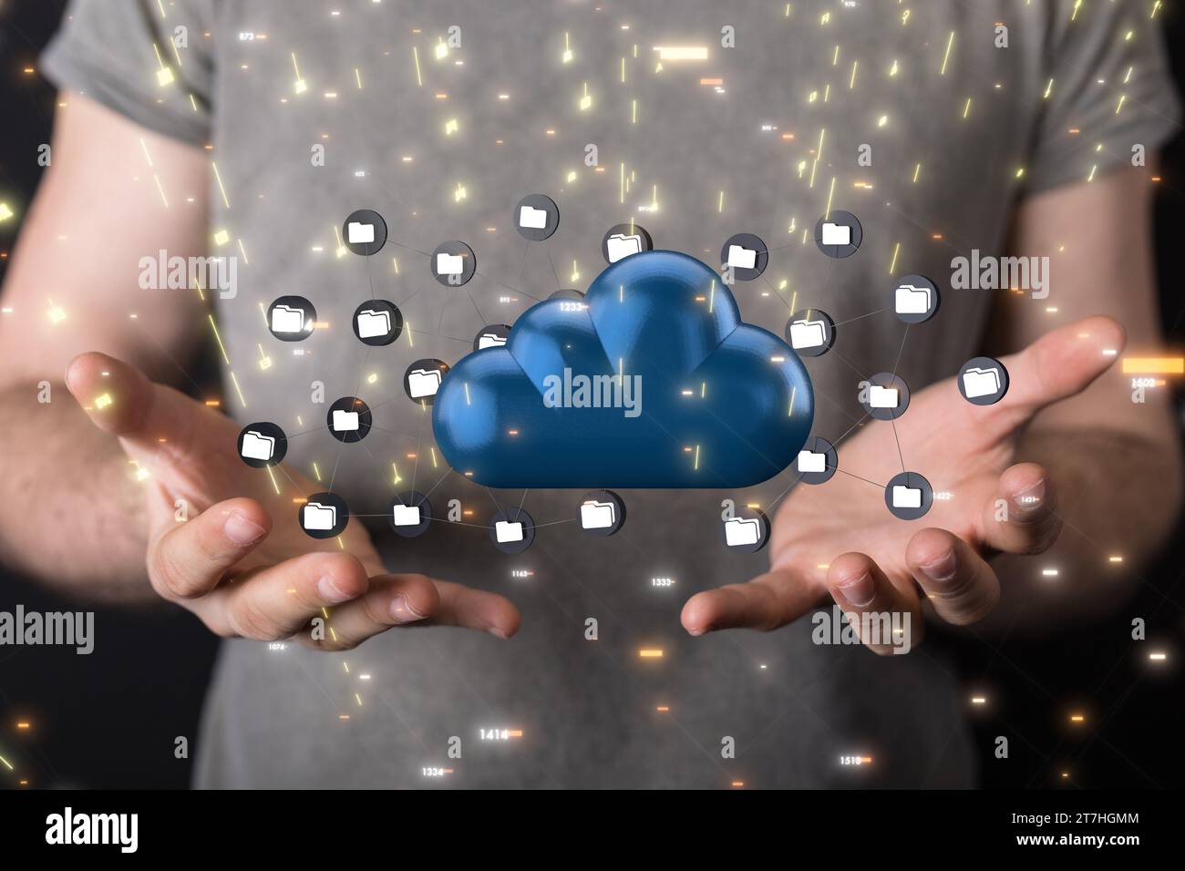The hand holding a cloud with linked folders. Server, internet ...