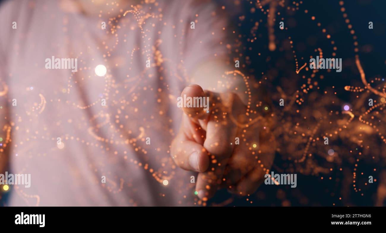 A hand pointing at abstract floating dots. Internet connection, network ...