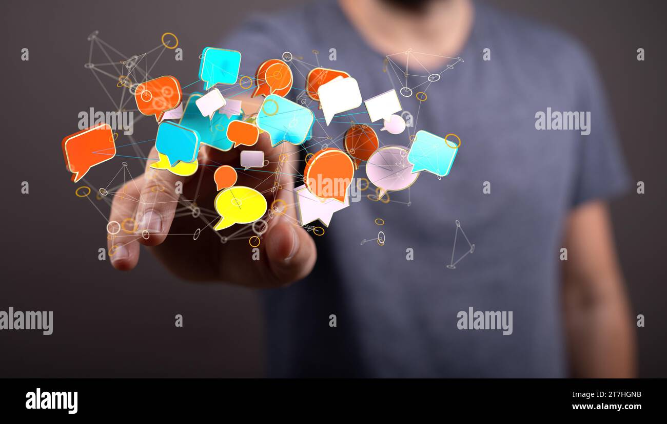 A hand pointing at colorful message signs hovering in the air. Email ...