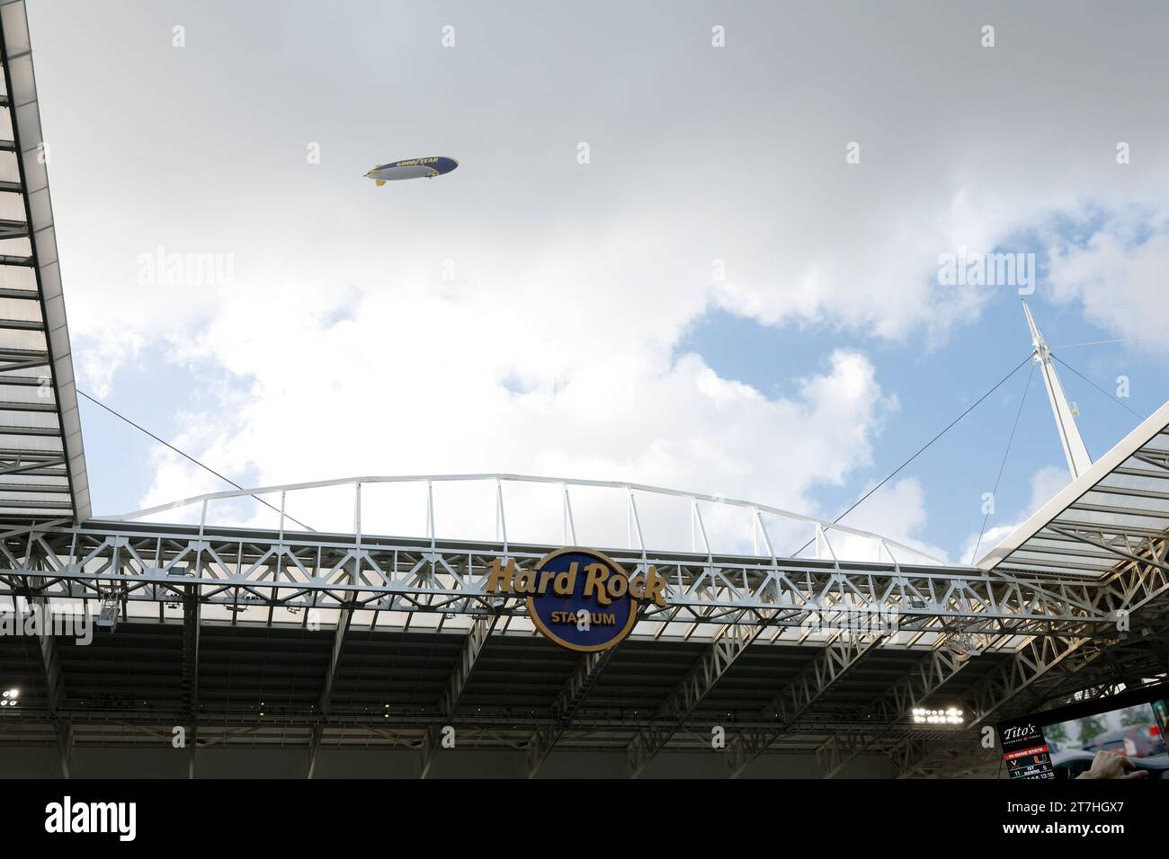 Looking through the roof of Hard Rock Stadium at the Goodyear blimp ...