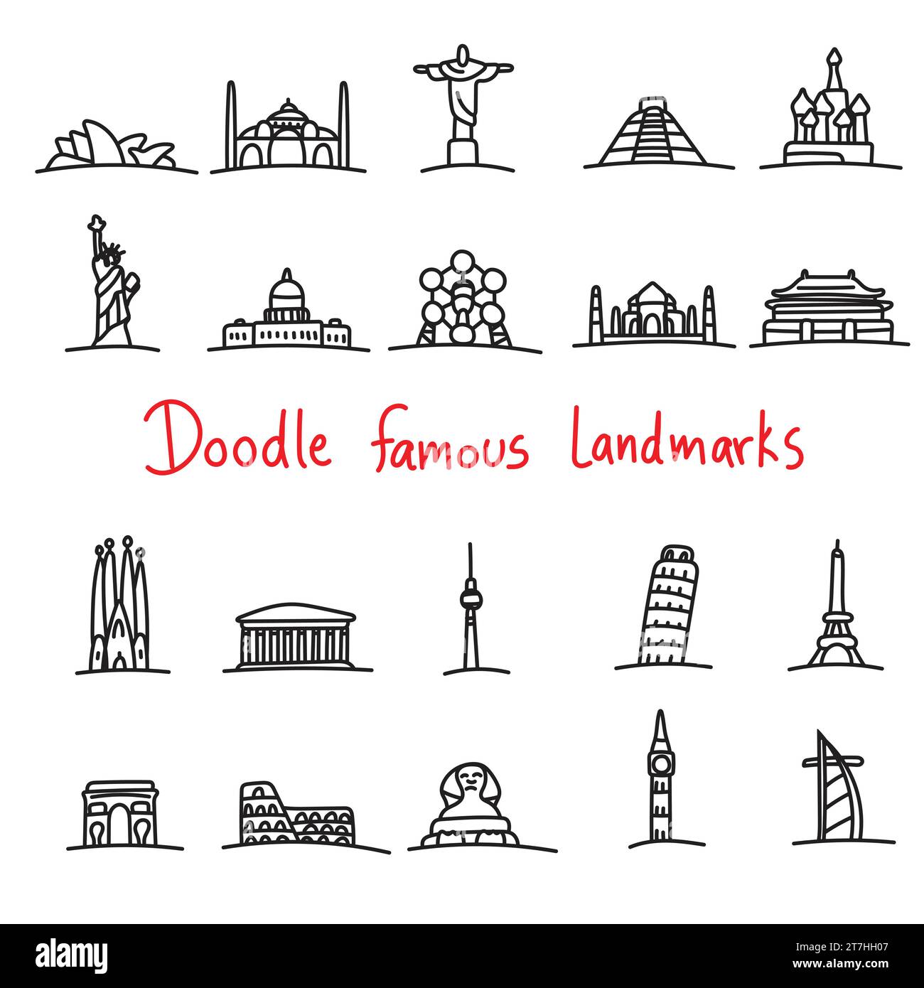 doodle icon set of world landmarks hand drawn isolated on white ...