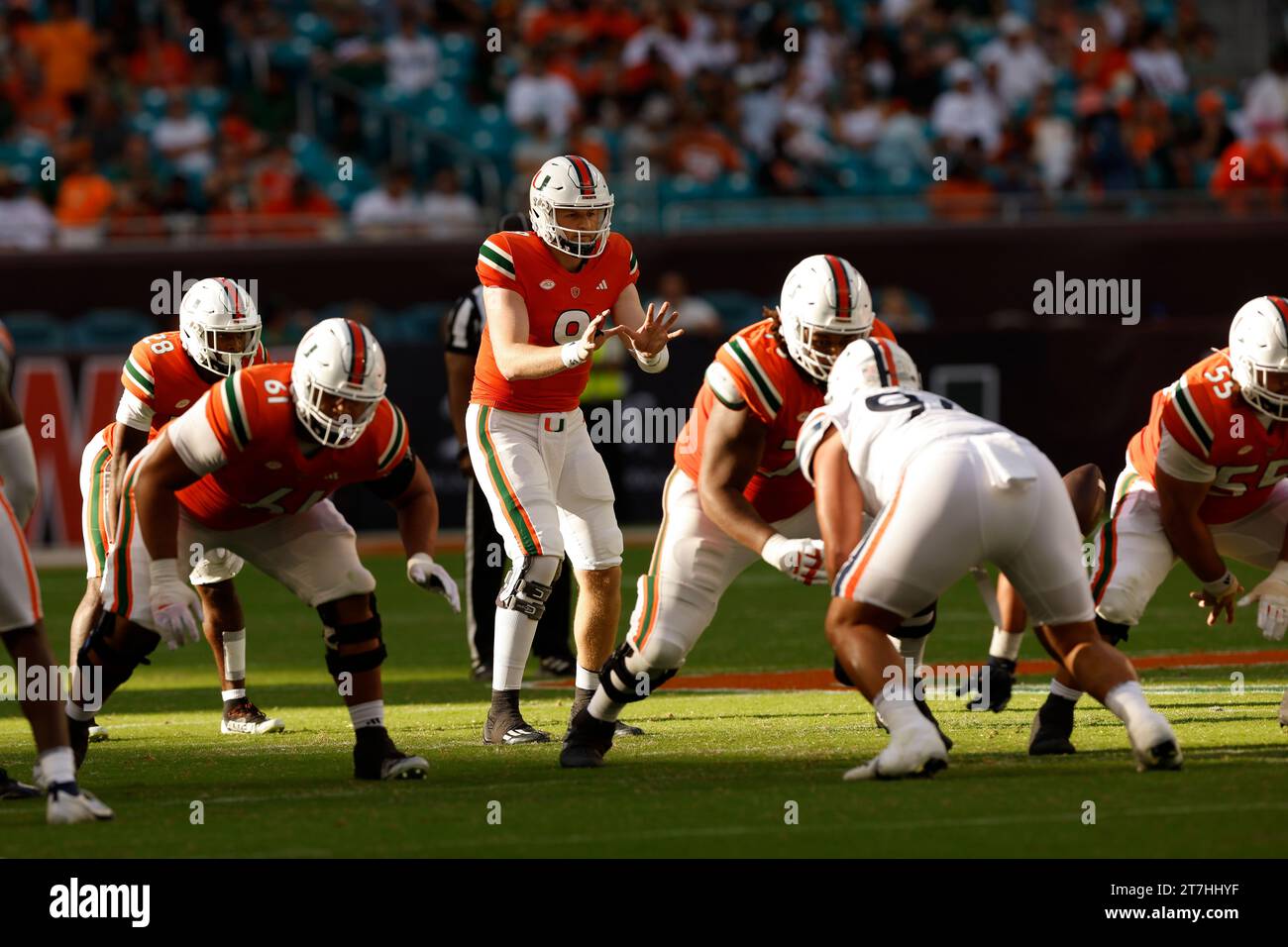 University of Miami quarterback Tyler Van Dyke (9) looks for the snap ...