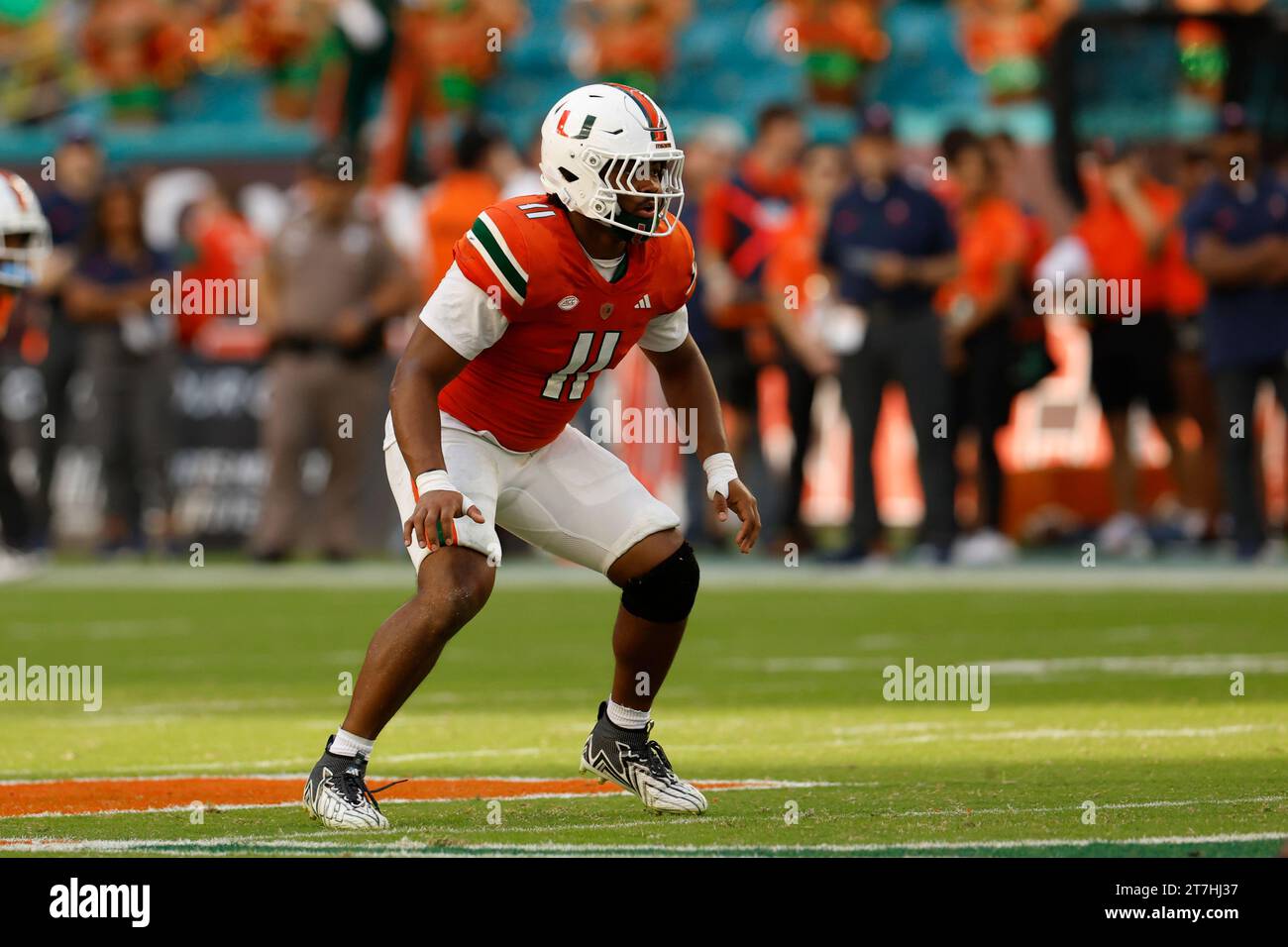 University of Miami linebacker Corey Flagg Jr. (11) lines up for the ...