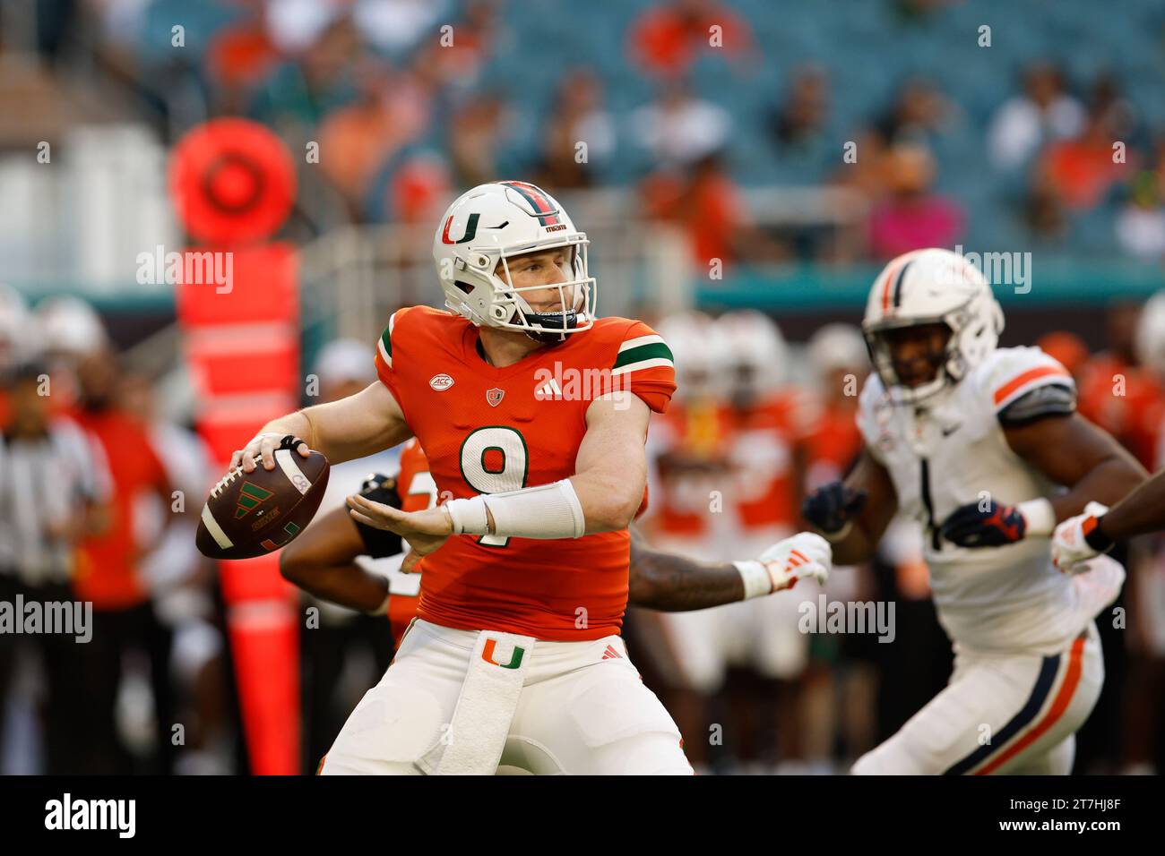 University of Miami quarterback Tyler Van Dyke (9) looks to pass during ...