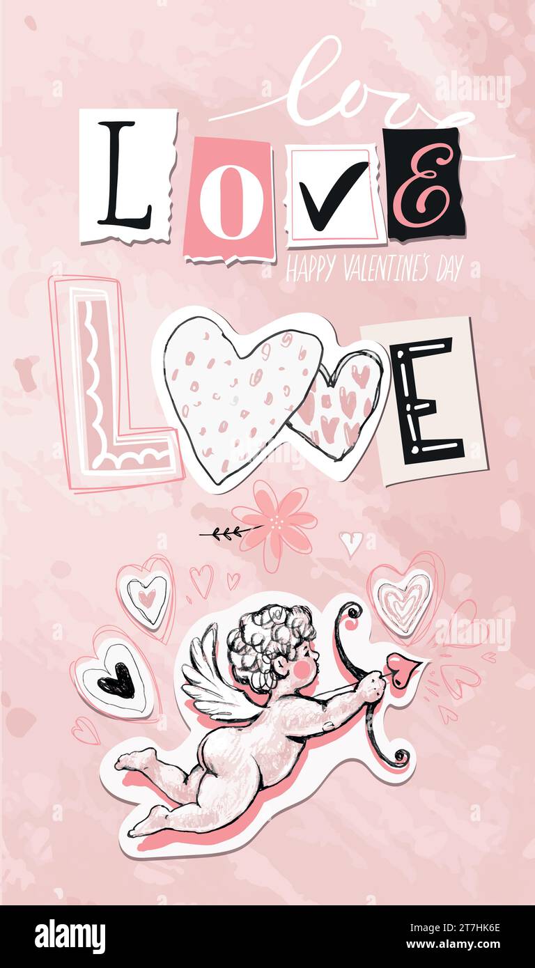 Vintage Valentine card with cupid and the word Love from newspaper ...